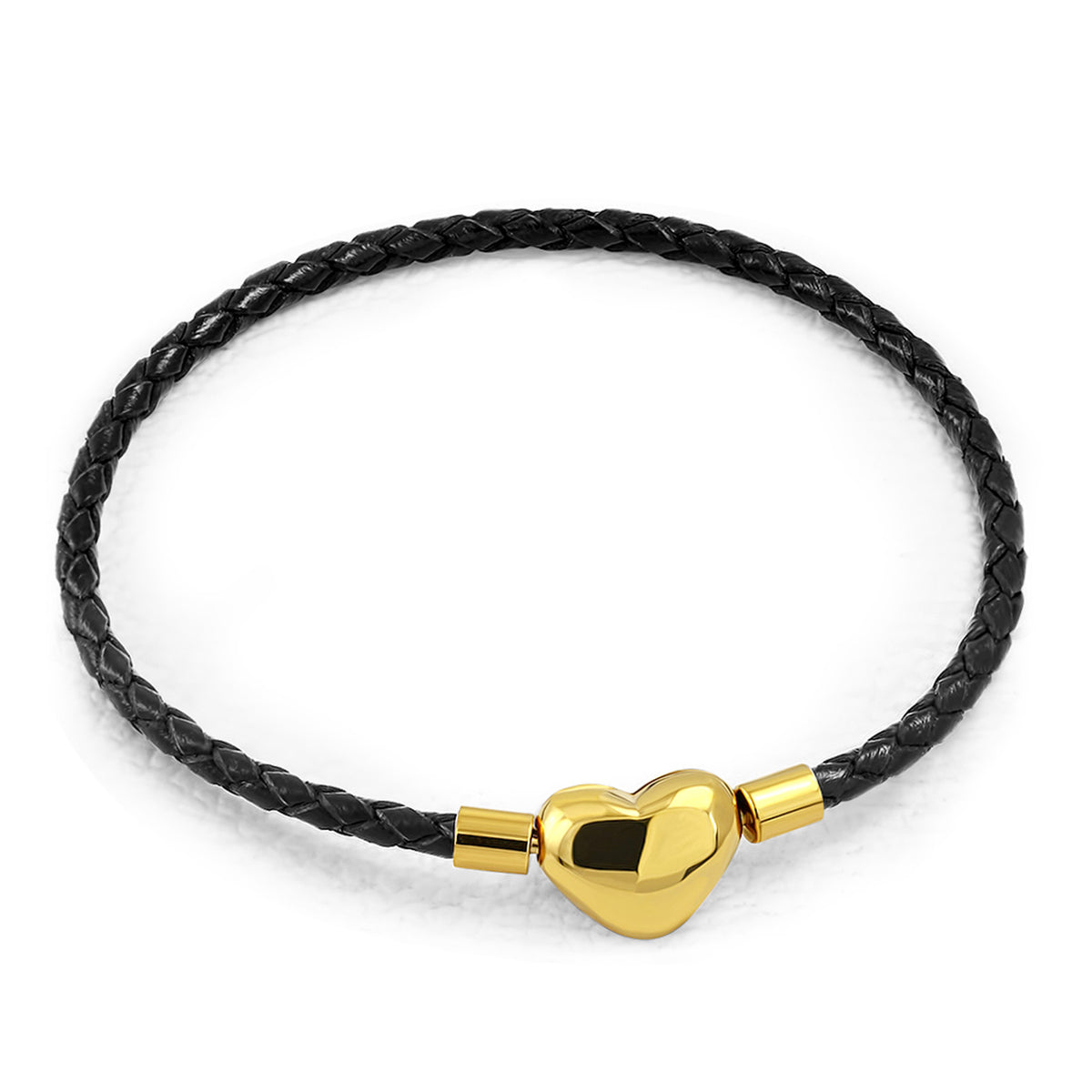 Braided Black Leather Heart Charm Steel Bracelet | 4576512442500 ...
